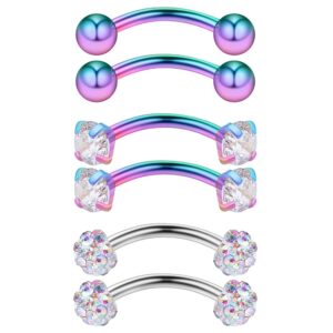 ruifan 3prs 16g 3/8" (10mm) stainless steel 3mm cz/gems/ball curved barbell eyebrow tragus lip belly ring piercing jewelry - rainbow