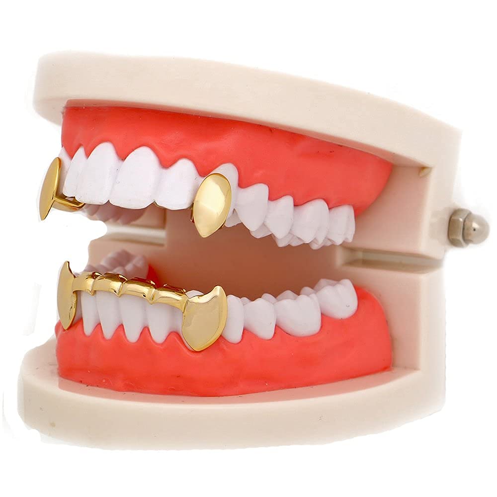 LuReen 14k Gold Vampire Dracula Teeth Grillz 2pc Single Fangs and 6 Bottom Grillz Set for Halloween Costume Cosplay