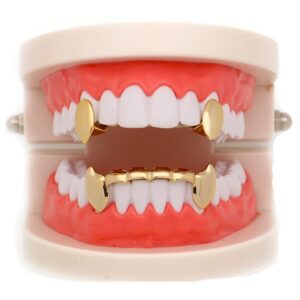 lureen 14k gold vampire dracula teeth grillz 2pc single fangs and 6 bottom grillz set for halloween costume cosplay