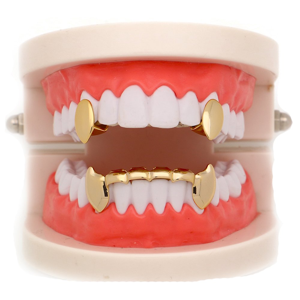 LuReen 14k Gold Vampire Dracula Teeth Grillz 2pc Single Fangs and 6 Bottom Grillz Set for Halloween Costume Cosplay