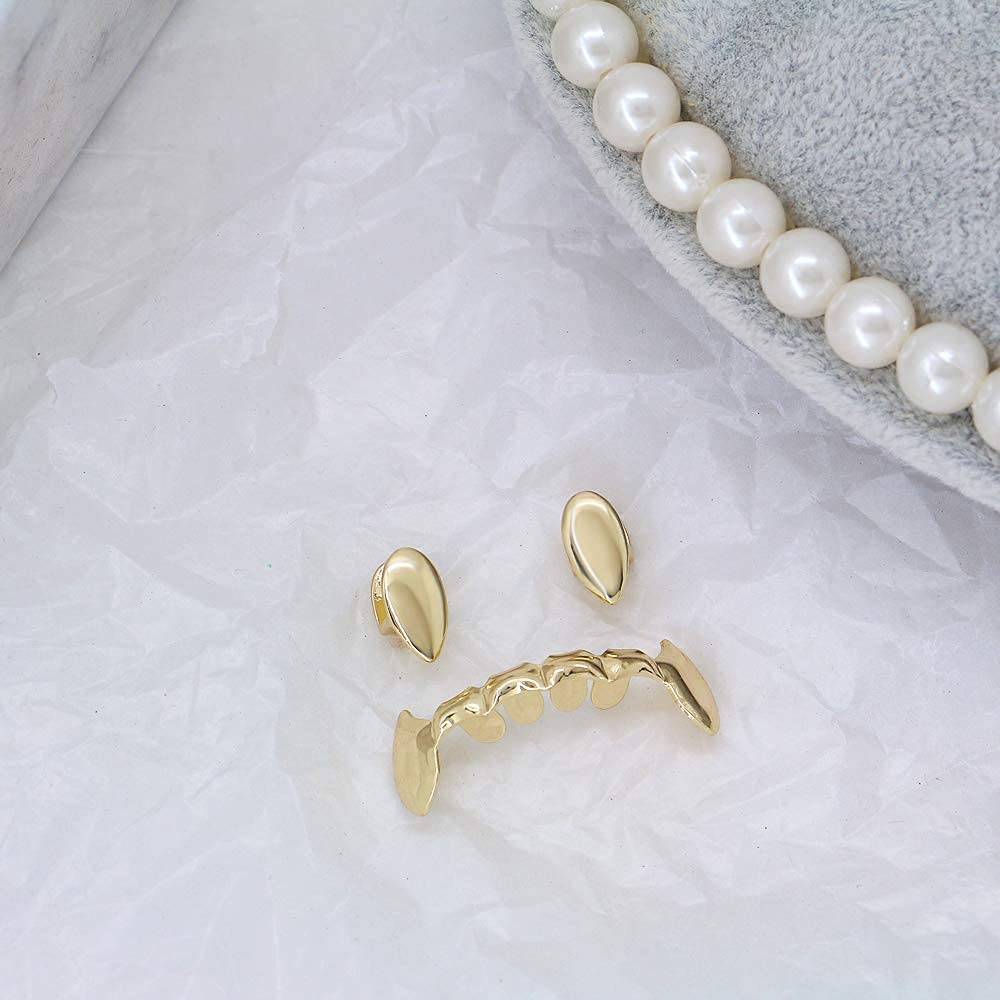 LuReen 14k Gold Vampire Dracula Teeth Grillz 2pc Single Fangs and 6 Bottom Grillz Set for Halloween Costume Cosplay