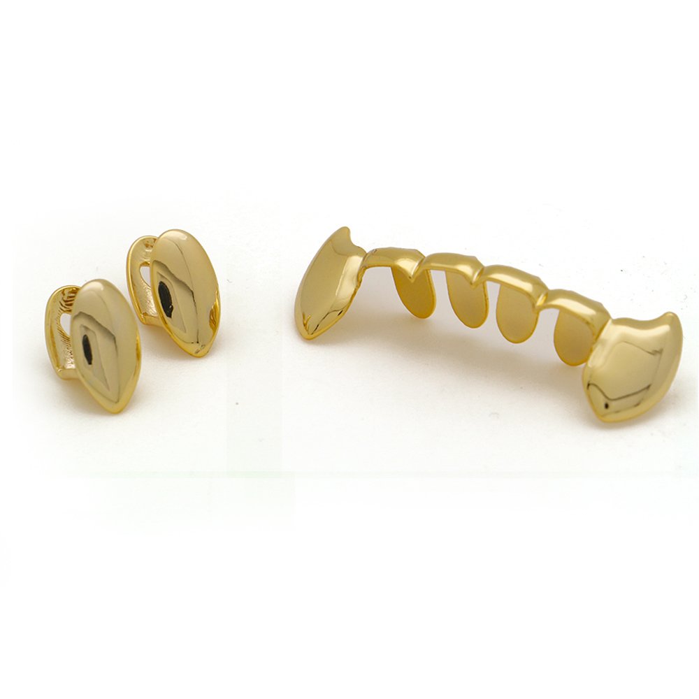 LuReen 14k Gold Vampire Dracula Teeth Grillz 2pc Single Fangs and 6 Bottom Grillz Set for Halloween Costume Cosplay