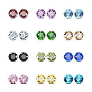 jewelrieshop stud earrings for women stainless steel post earrings hypoallergenic cz birthstone ear studs earings (12 pair, 6mm)