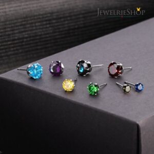 JewelrieShop Stud Earrings for Women Stainless Steel Post Earrings Hypoallergenic CZ Birthstone Ear Studs Earings (12 pair, 6mm)