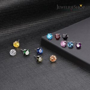 JewelrieShop Stud Earrings for Women Stainless Steel Post Earrings Hypoallergenic CZ Birthstone Ear Studs Earings (12 pair, 6mm)