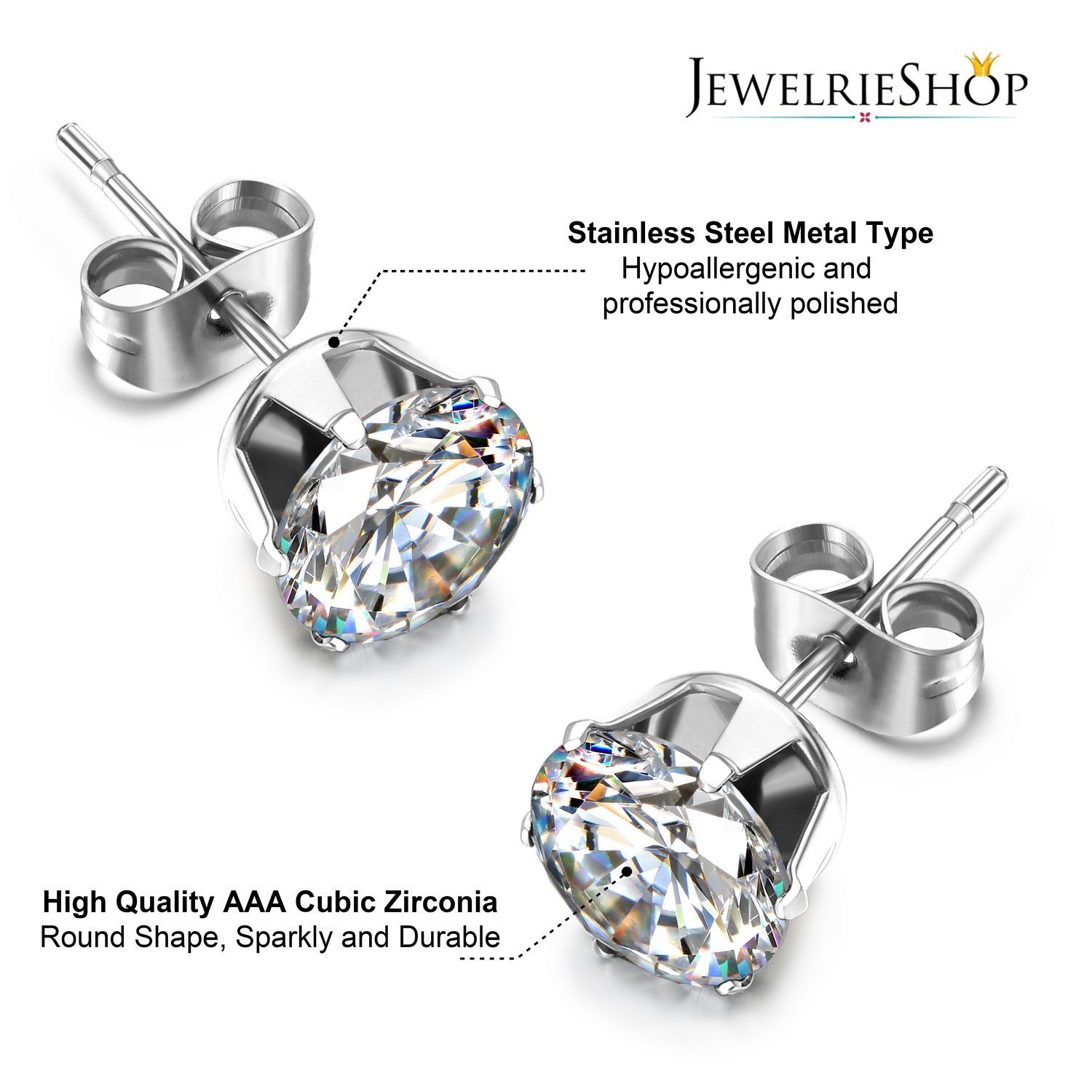 JewelrieShop Stud Earrings for Women Stainless Steel Post Earrings Hypoallergenic CZ Birthstone Ear Studs Earings (12 pair, 6mm)