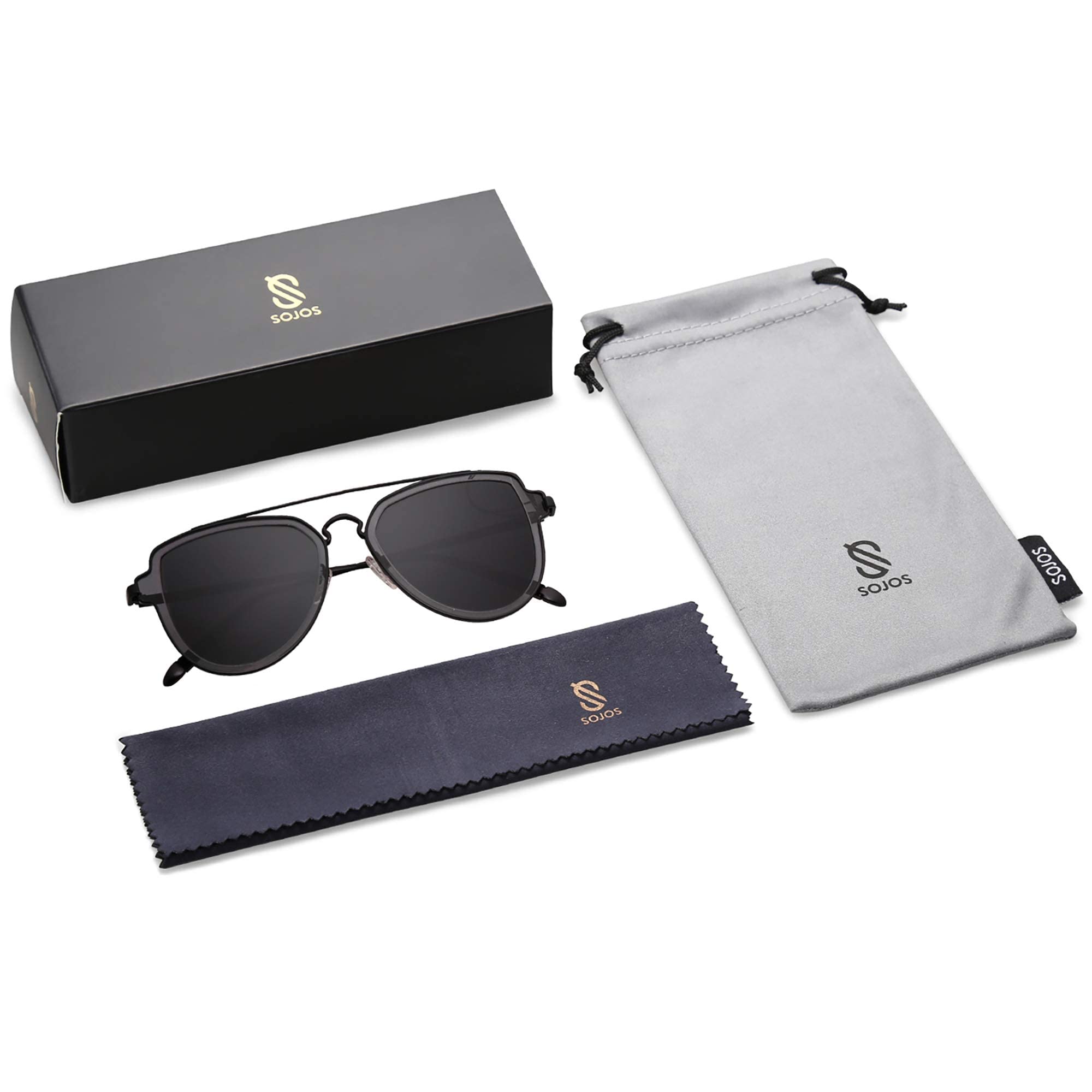 SOJOS Retro Polarized Double Bridge Sunglasses for Men Women Mirrored Lens SJ1051 with Black Frame/Grey Lens