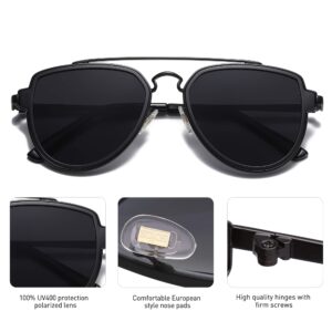 SOJOS Retro Polarized Double Bridge Sunglasses for Men Women Mirrored Lens SJ1051 with Black Frame/Grey Lens