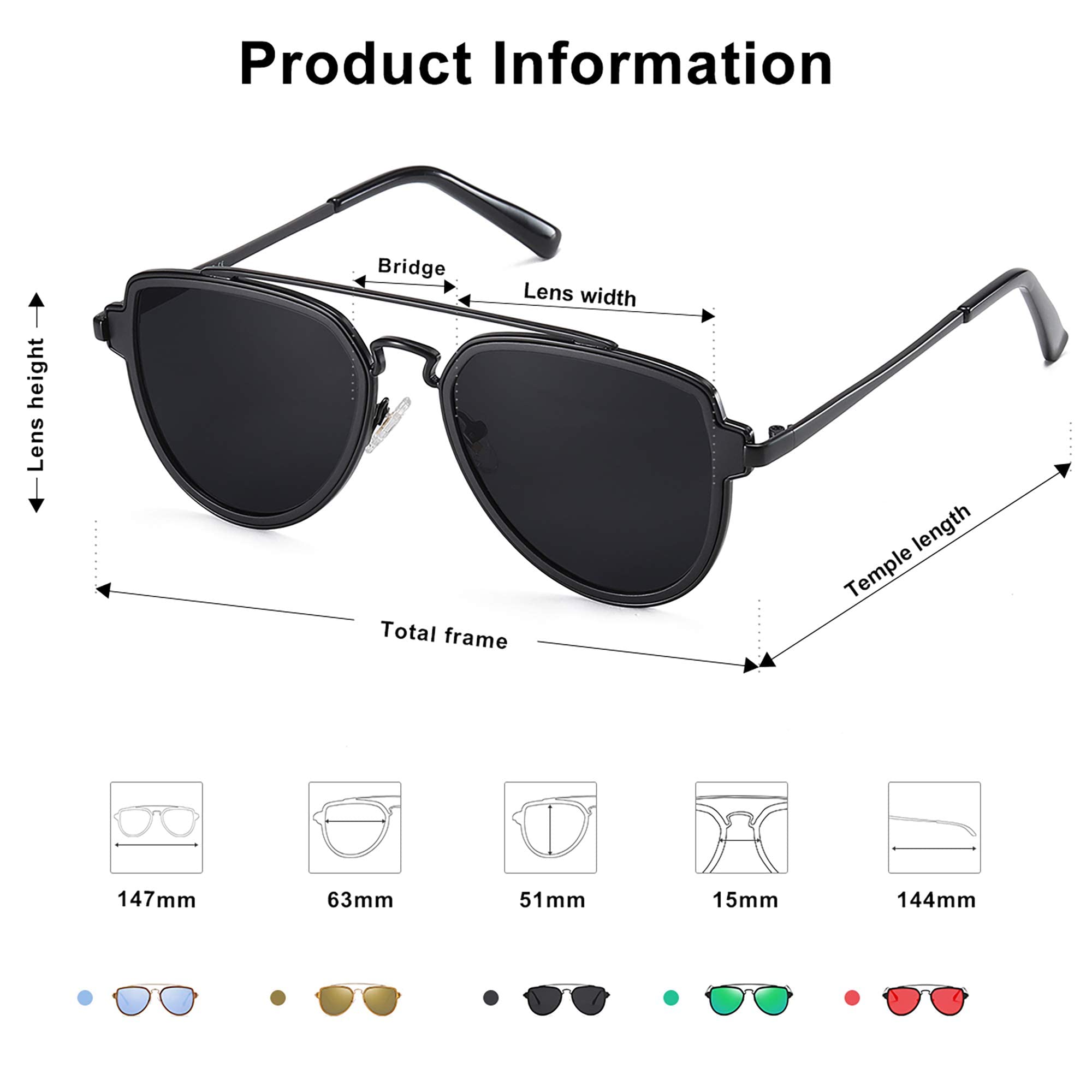 SOJOS Retro Polarized Double Bridge Sunglasses for Men Women Mirrored Lens SJ1051 with Black Frame/Grey Lens