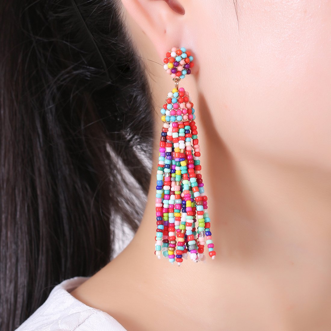 NLCAC Women's Beaded tassel alloy earrings Long Fringe Drop Earrings Dangle Confetti