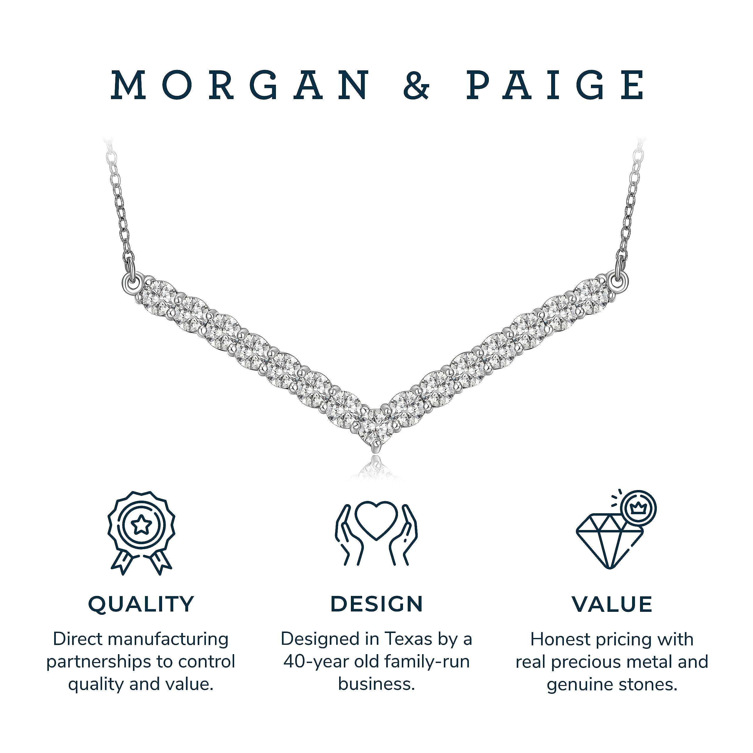 MORGAN & PAIGE Chevron Necklace - Genuine 925 Sterling Silver Necklace Chain With Suspended Cubic Zirconia V Bar Pendant - 16" With 2" Extender