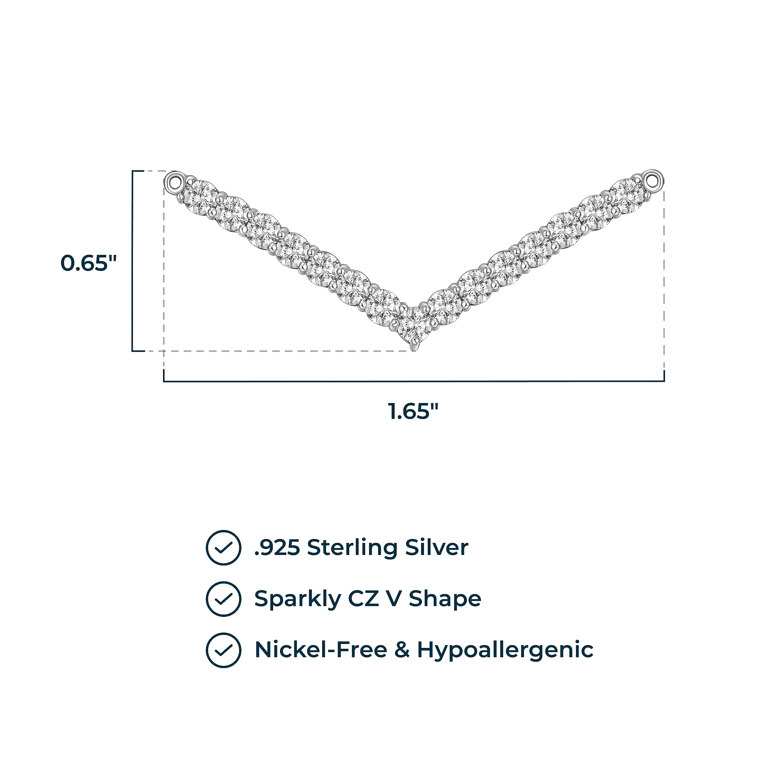 MORGAN & PAIGE Chevron Necklace - Genuine 925 Sterling Silver Necklace Chain With Suspended Cubic Zirconia V Bar Pendant - 16" With 2" Extender