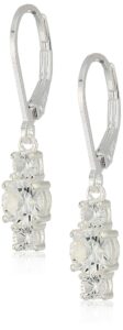 amazon essentials sterling silver created white sapphire 5mm and 3mm three stone april birthstone leverback dangle earrings, (previously amazon collection)