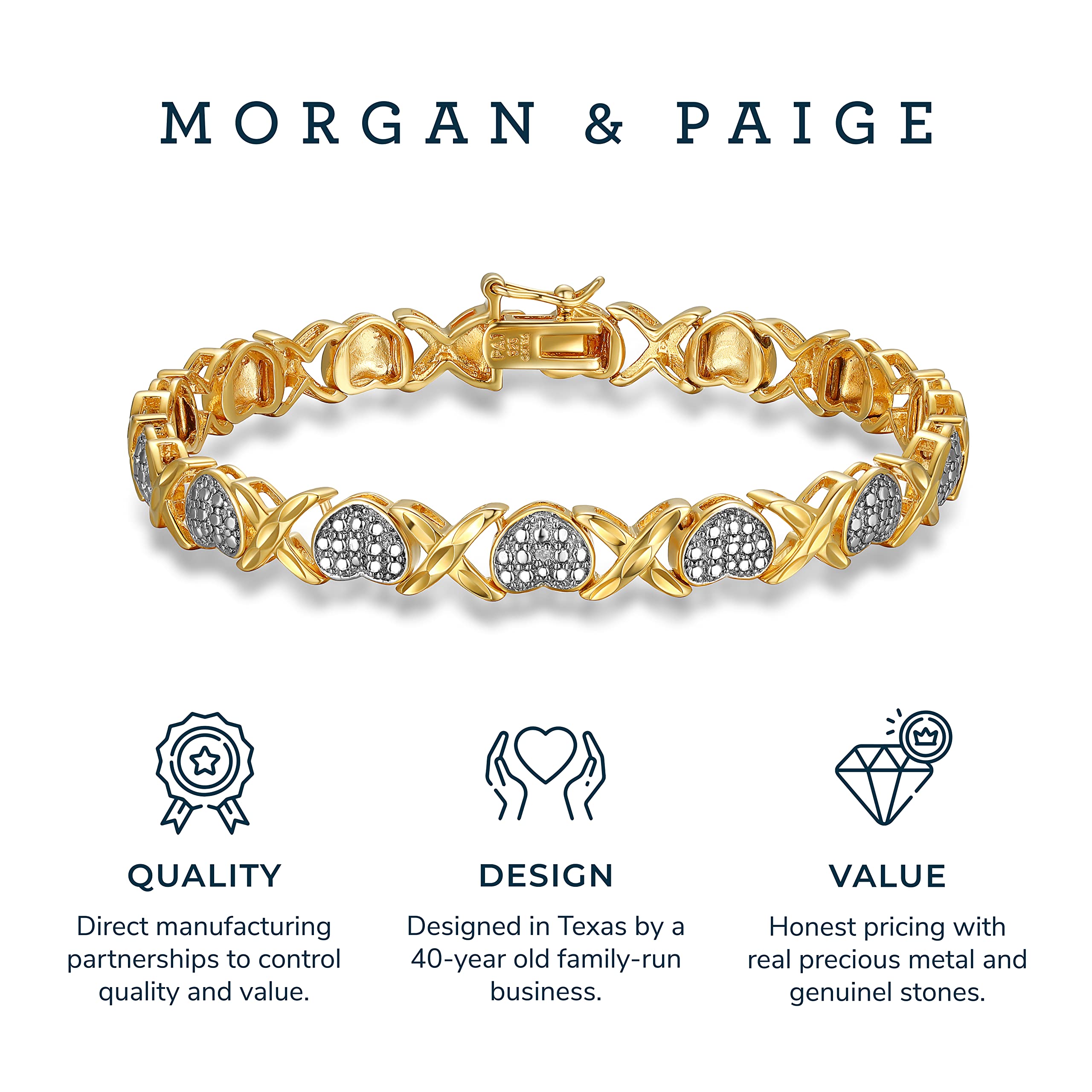 MORGAN & PAIGE Cubic Zirconia Tennis Bracelet For Women - 18K Two Tone Yellow Gold XO Heart Bracelet With 925 Sterling Silver & Diamond Accent - 7-1/4"