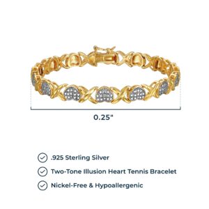 MORGAN & PAIGE Cubic Zirconia Tennis Bracelet For Women - 18K Two Tone Yellow Gold XO Heart Bracelet With 925 Sterling Silver & Diamond Accent - 7-1/4"