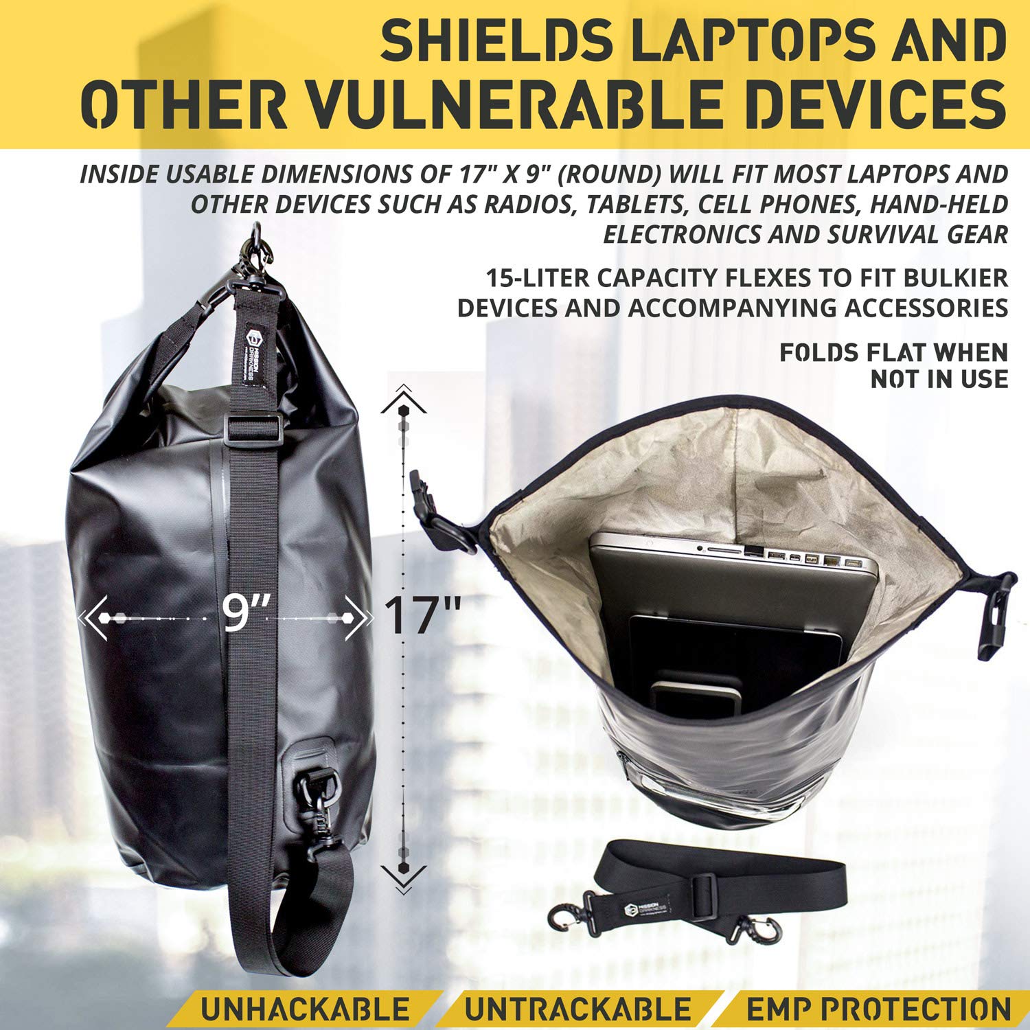 Mission Darkness Dry Shield Faraday Tote 15L // Waterproof Dry Bag for Electronic Device Security & Transport // Signal Blocking, Anti-Tracking, EMP & CME Shield, Data Privacy for Mobile Devices