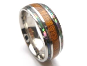 aloha passion natural koa wood and abalone shell stainless steel -8mm wide - wedding, engagement, or promise ring (5)