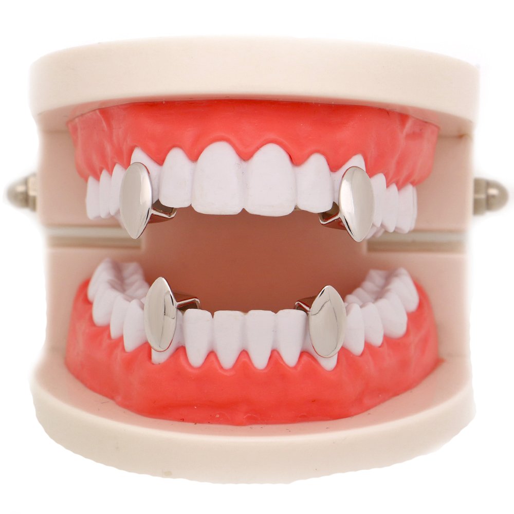 LuReen Silver 4 PC Vampire Dracula Single Metal Fangs Hip Hop Teeth Grillz Set for Halloween Costume Cosplay