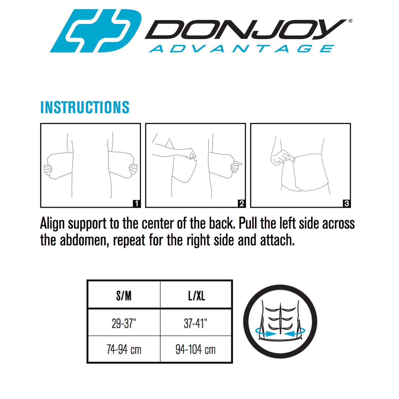 DonJoy DA161SR01-WHT-S/M Abdominal Support Three Panel Elastic Wrap for Strain, Weakness, Small, Medium fits 29", 37", White, Small/Medium