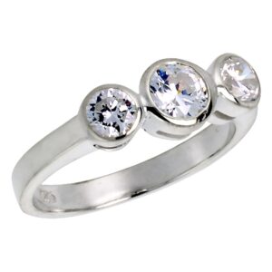 sterling silver cubic zirconia 3-stone ring for women bezel set brilliant cut 2/3 ct center flawless finishsize 7.5