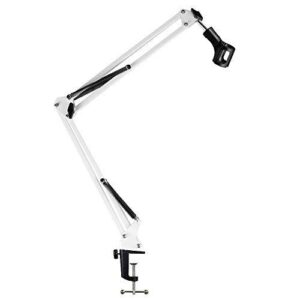 microphone boom stand, gulee heavy duty studio suspension mic arm stand for blue snowball yeti with flexible standard condenser microphone clip (white)…