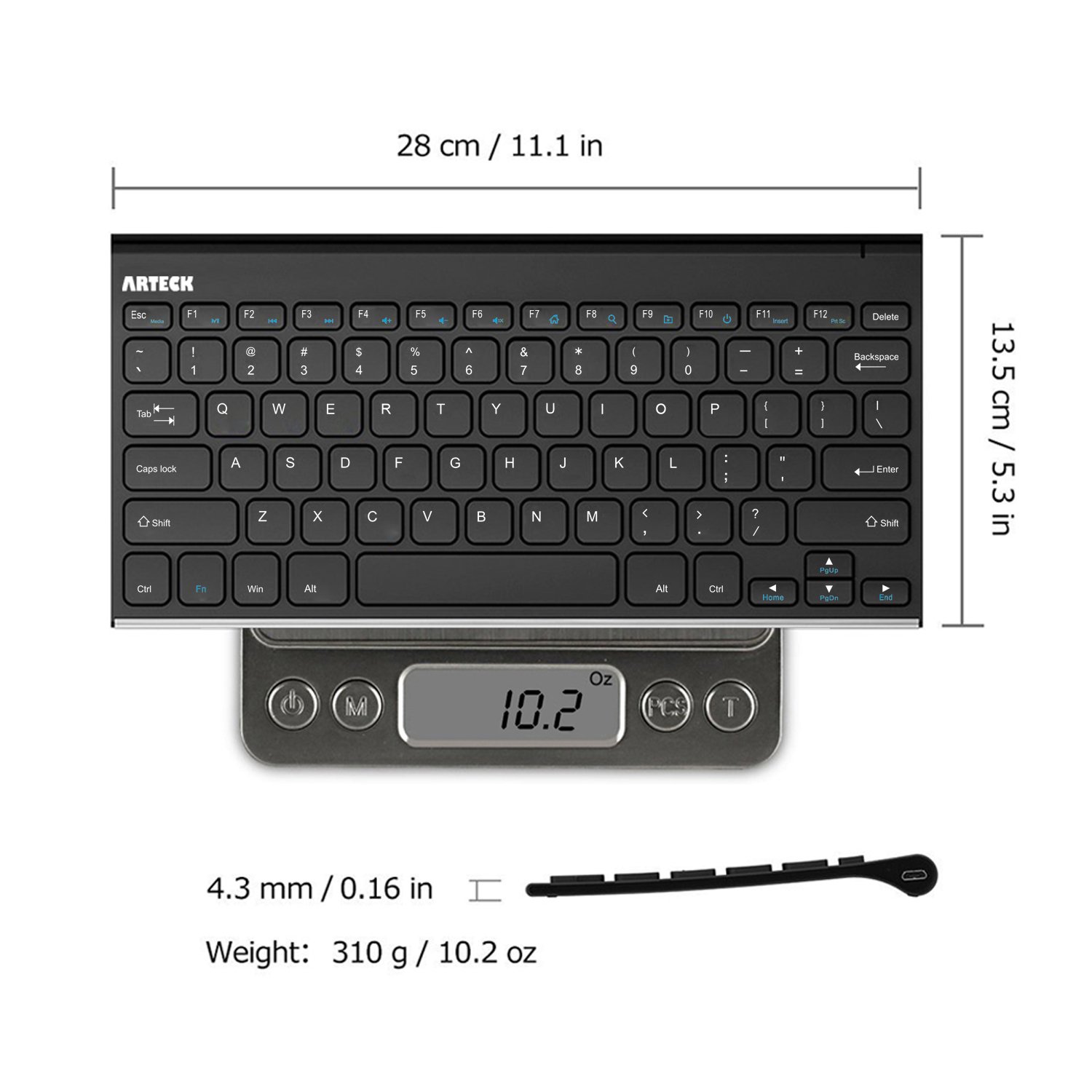 Arteck 2.4G Wireless Keyboard Stainless Steel Ultra Slim Keyboard for Computer/Desktop/PC/Laptop/Surface/Smart TV and Windows 11/10 / 8/7 / Vista/XP Built in Rechargeable Battery