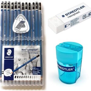 Wooden Lead Pencil By Staedtler Mars Lumograph - Pack of 12 Degrees in Practical Plastic Storage Box with Staedtler Tub Sharpener and Rasoplast Eraser