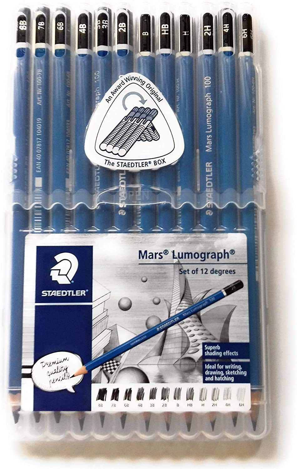 Wooden Lead Pencil By Staedtler Mars Lumograph - Pack of 12 Degrees in Practical Plastic Storage Box with Staedtler Tub Sharpener and Rasoplast Eraser