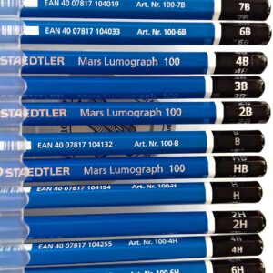 Wooden Lead Pencil By Staedtler Mars Lumograph - Pack of 12 Degrees in Practical Plastic Storage Box with Staedtler Tub Sharpener and Rasoplast Eraser