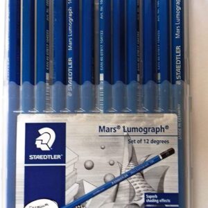 Wooden Lead Pencil By Staedtler Mars Lumograph - Pack of 12 Degrees in Practical Plastic Storage Box with Staedtler Tub Sharpener and Rasoplast Eraser