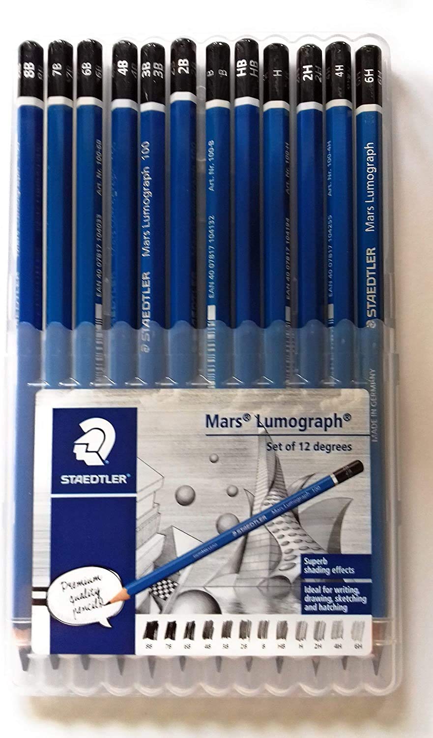 Wooden Lead Pencil By Staedtler Mars Lumograph - Pack of 12 Degrees in Practical Plastic Storage Box with Staedtler Tub Sharpener and Rasoplast Eraser