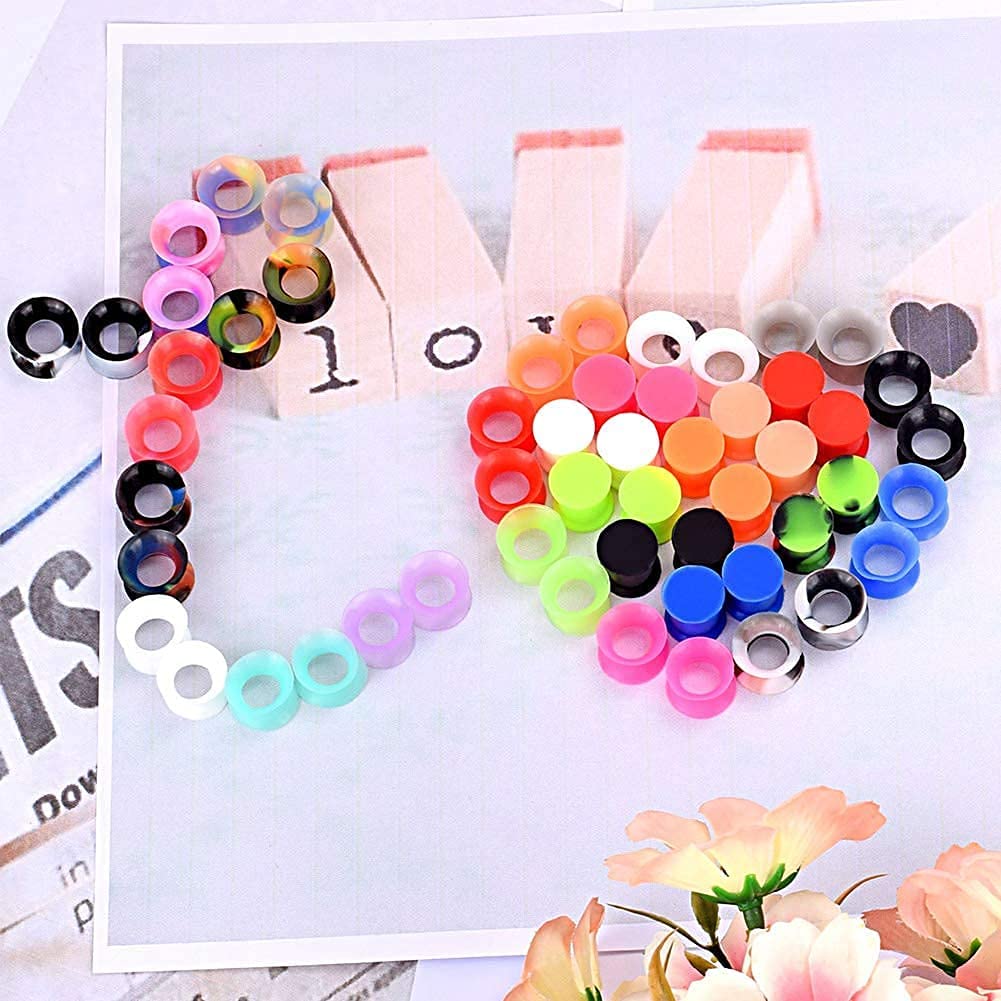 Qmcandy 38 Pairs Colorful Silicone Tunnels Plugs Hollow Saddle Soft Thick Ear Piercing Expander Gauges 2g