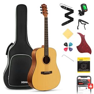 donner acoustic guitar for beginner adult full size dreadnought acustica guitarra starter bundle kit with gig bag strap tuner capo pickguard string 4 picks cloth, right hand 41 inch natural, dag-1