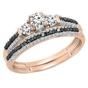 dazzlingrock collection round white sapphire, black & white diamond 3 stone wedding ring set for women in 10k rose gold size 7