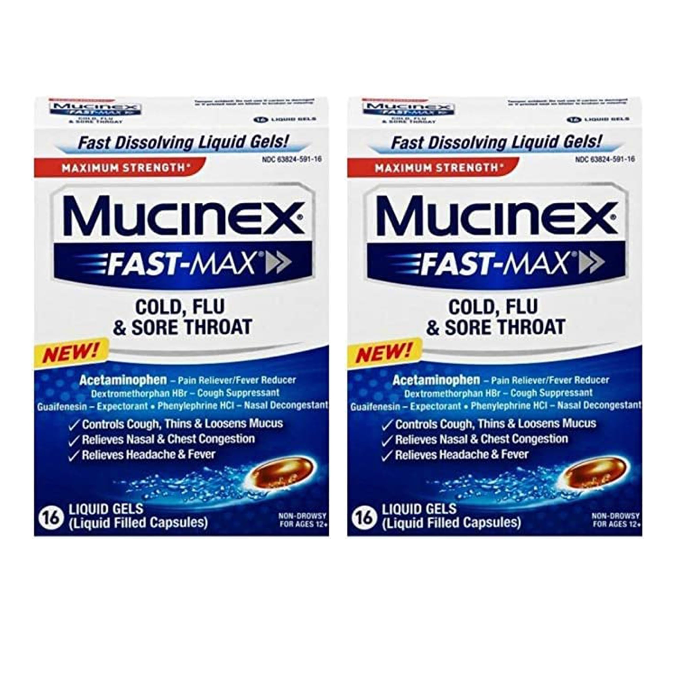 Mucinex Fast-Max Max Strength, Cold, Flu, Sore Throat (Pack of 2/Liquid Gels)