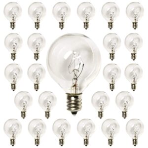 30 pack of g40 replacement bulbs, 5 watt g40 globe bulbs for string lights, candelabra screw base, fits e12 and c7 sockets, indoor-outdoor use, clear glass g40 bulbs, secure and convenient packaging