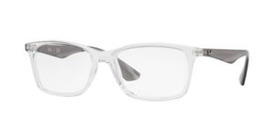 ray-ban rx7047 rectangular prescription eyeglass frames, transparent on grey/demo lens, 56 mm