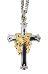 sterling silver leaf tipped pendant with gold toned robe over cross bar, 1 1/8 inch