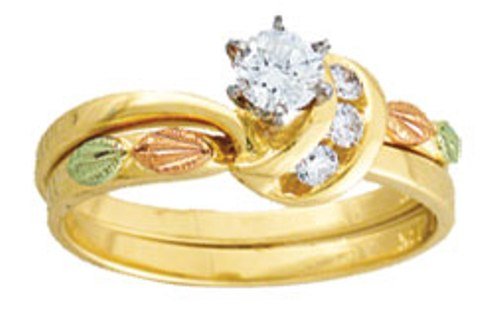 Diamond Bridal Set Engagement and Wedding Ring, 10k Yellow Gold, 12k Green and Rose Gold Black Hills Gold Motif, Size 5