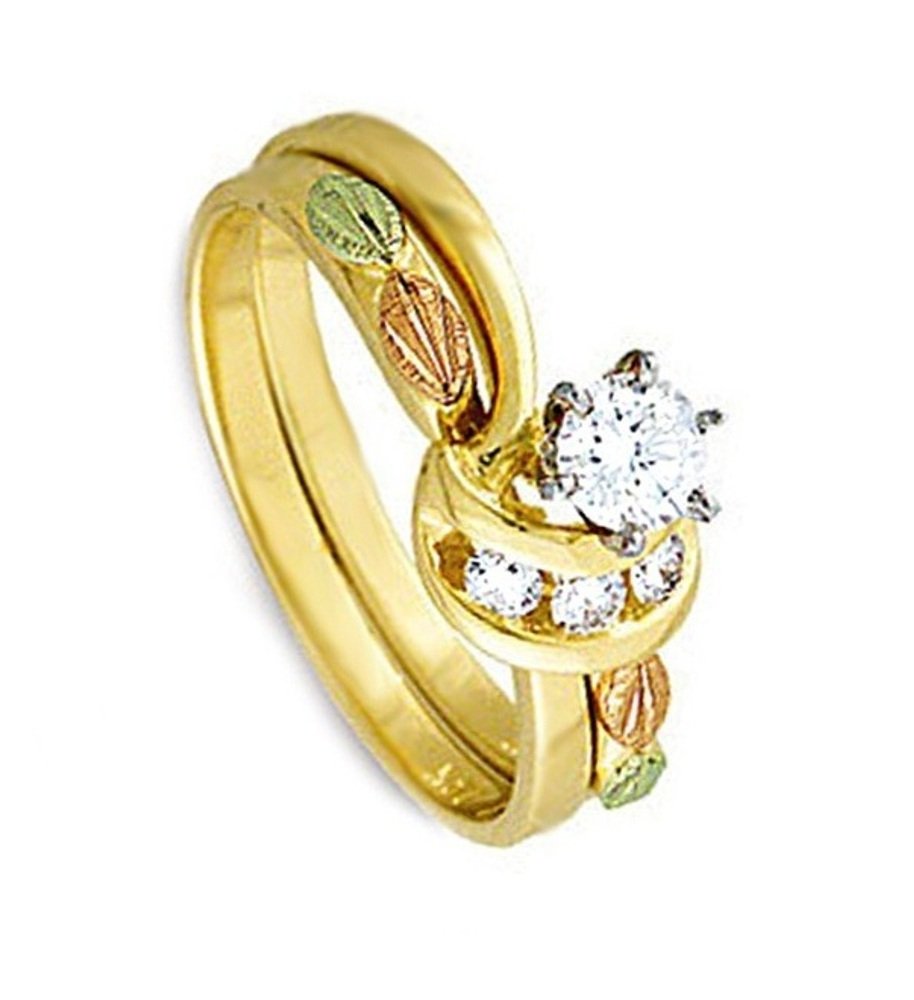 Diamond Bridal Set Engagement and Wedding Ring, 10k Yellow Gold, 12k Green and Rose Gold Black Hills Gold Motif, Size 5