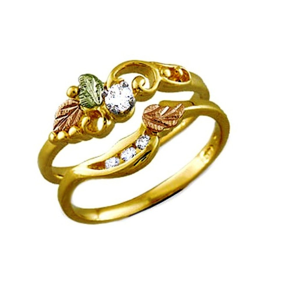 Diamond Bridal Set Engagement and Wedding Ring, 14k Yellow Gold, 12k Green and Rose Gold Black Hills Gold Motif, Size 8