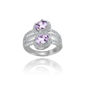 ice gems sterling silver amethyst and white topaz oval halo friendship ring, size 7