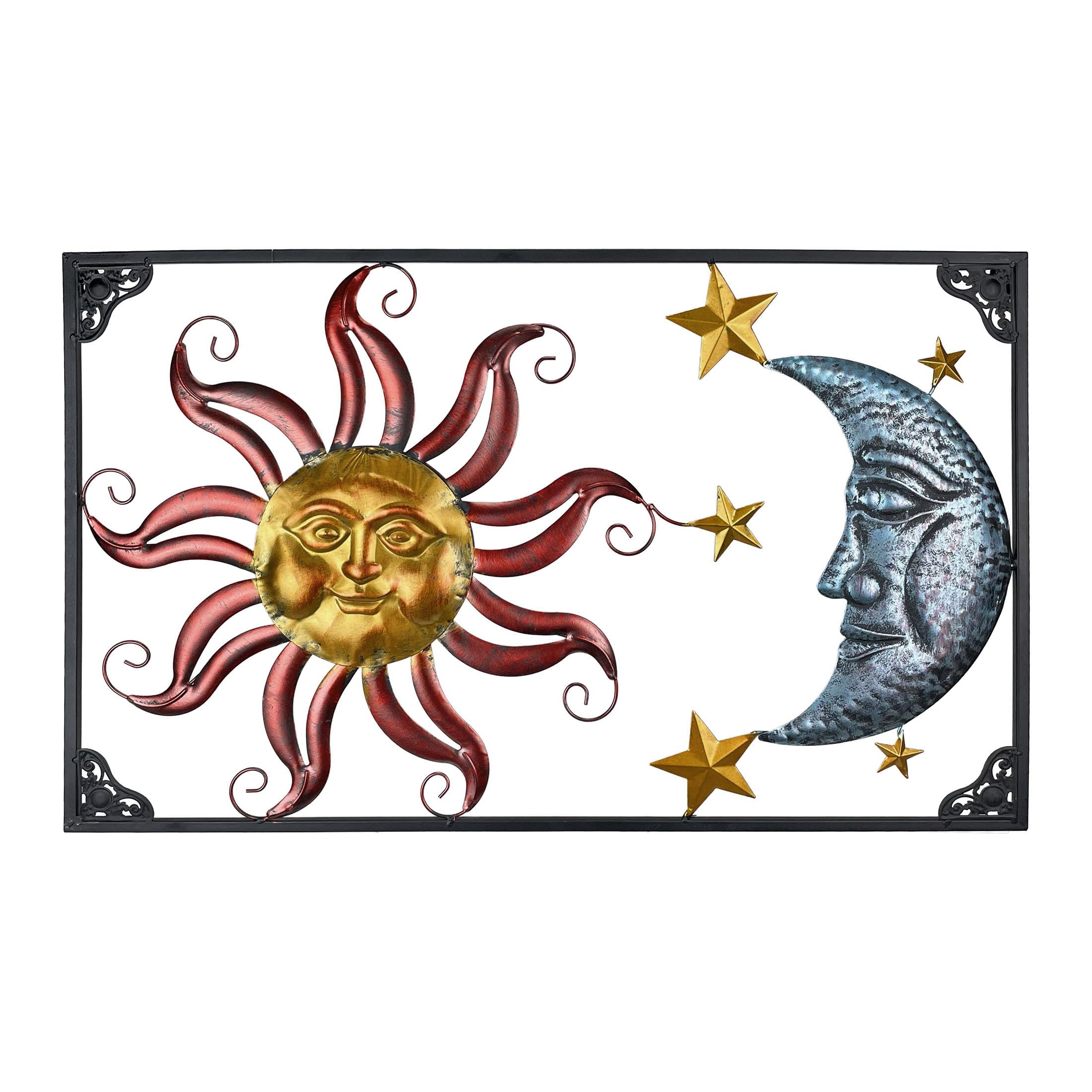 Zeckos 30-Inch Long Gold, Copper, and Silver Finish Sun, Moon, and Stars Metal Wall Hanging - Versatile Indoor/Outdoor Masterpiece Infusing Harmony and Beauty into Your Space