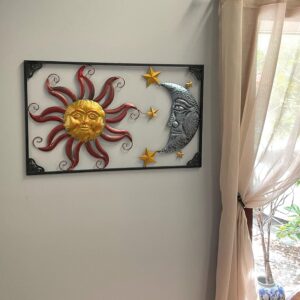 Zeckos 30-Inch Long Gold, Copper, and Silver Finish Sun, Moon, and Stars Metal Wall Hanging - Versatile Indoor/Outdoor Masterpiece Infusing Harmony and Beauty into Your Space