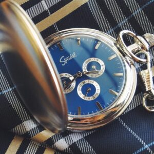 Speidel Silver-Tone Pocket Watch with Blue Dial and 14" Chain