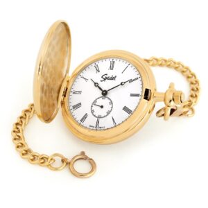 speidel gold-tone pocket watch with white dial and 14" chain