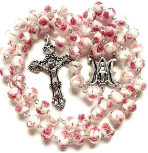 elegantmedical handmade rose pink veluriyam rose beads rosary & italy cross medal catholic necklace gift box