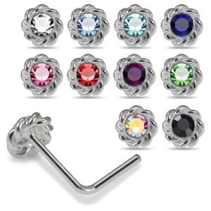 20 pieces box set of mix colored jeweled twisted flower top 22 gauge 925 sterling silver l shape nose stud