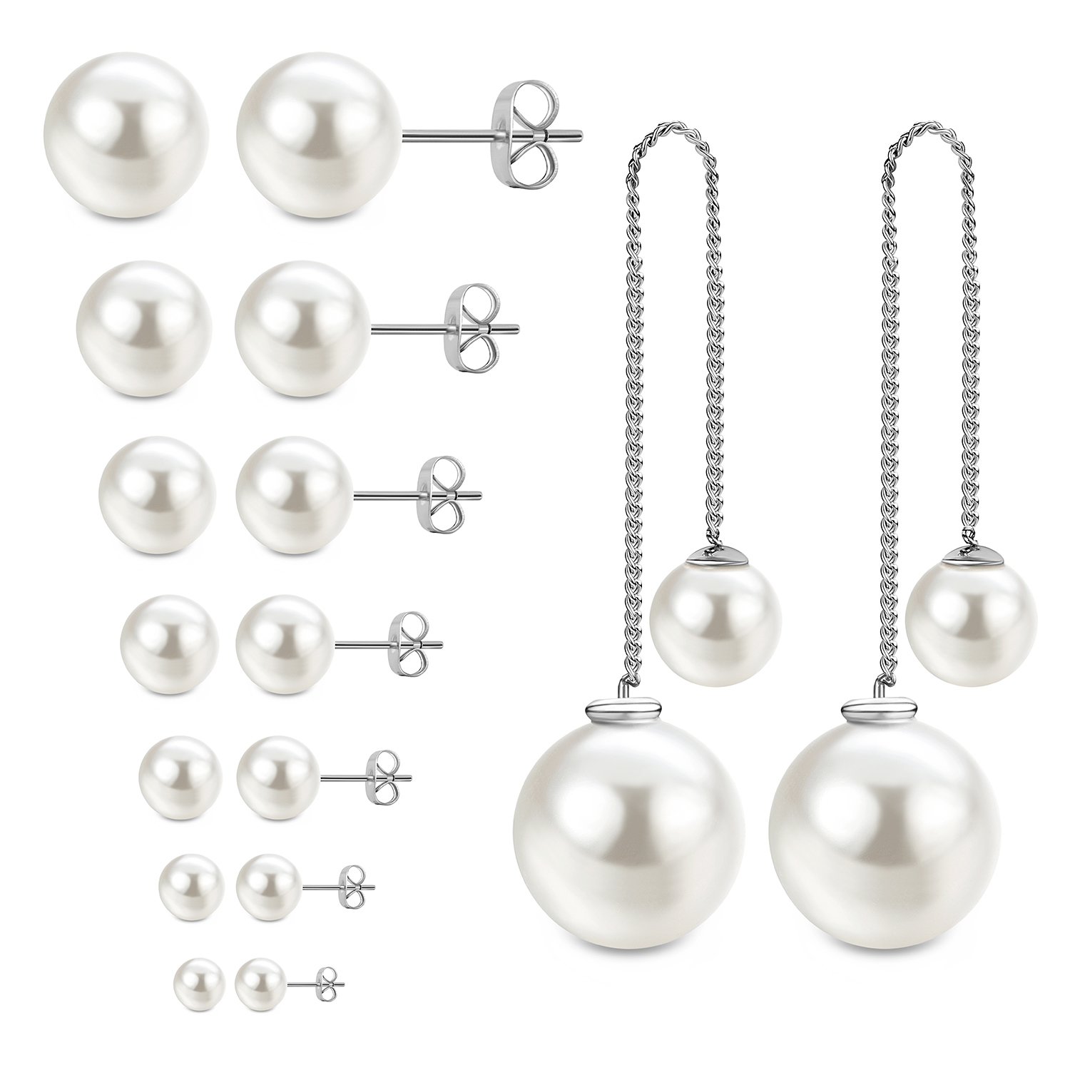 JewelrieShop Pearl Earrings Faux Pearl Stud Ball Earrings Hypoallergenic Pearl Drop Dangle for Women (7 Pairs Studs and 1 Pairs Dangle Earrings)