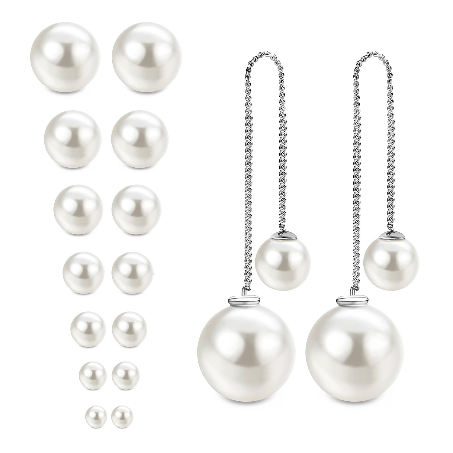 JewelrieShop Pearl Earrings Faux Pearl Stud Ball Earrings Hypoallergenic Pearl Drop Dangle for Women (7 Pairs Studs and 1 Pairs Dangle Earrings)